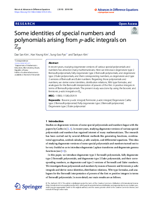 Pdf Some Identities Of Special Numbers And Polynomials Arising From P Adic Integrals On Z P