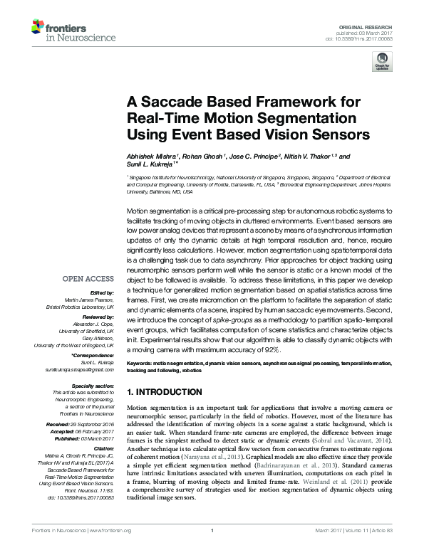 (PDF) A Saccade Based Framework for Real-Time Motion Segmentation Using Event Based Vision Sensors
