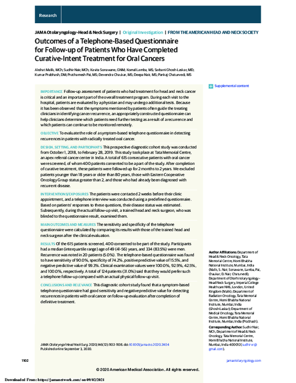 (PDF) Outcomes of a Telephone-Based Questionnaire for Follow-up of ...