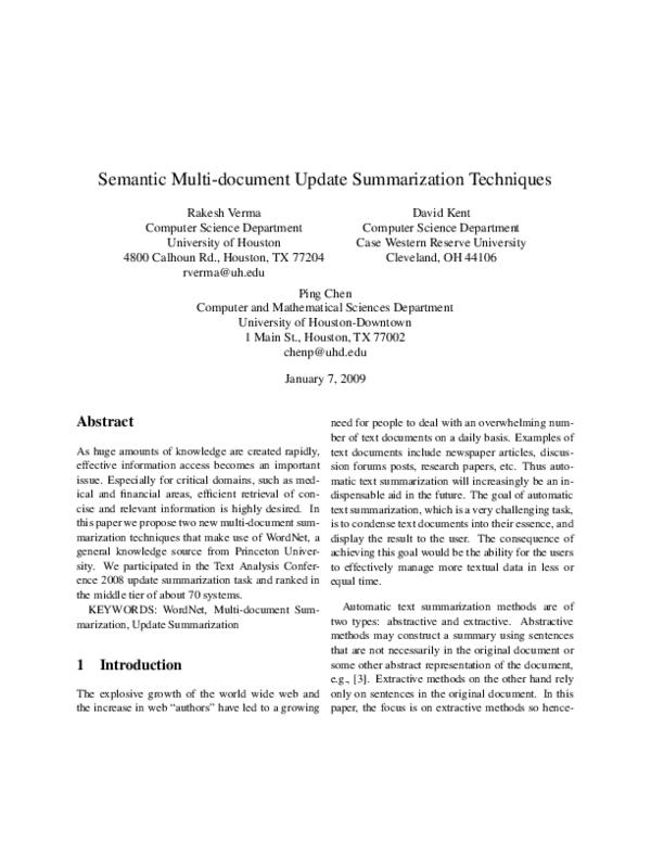 (PDF) Semantic Multi-document Update Summarization Techniques