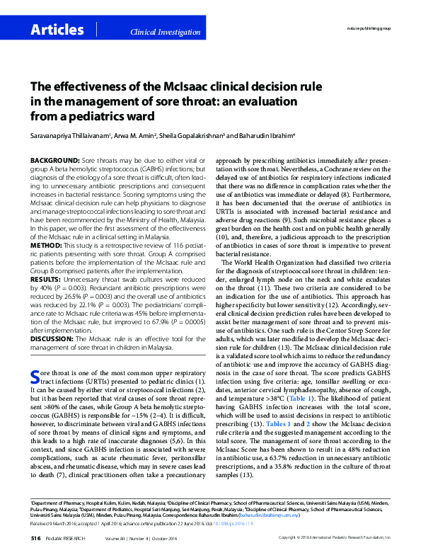 (PDF) The effectiveness of the McIsaac clinical decision rule in the ...