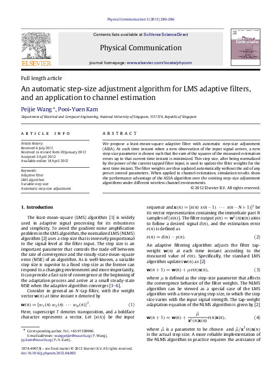 Pdf An Automatic Step Size Adjustment Algorithm For Lms Adaptive Filters And An Application