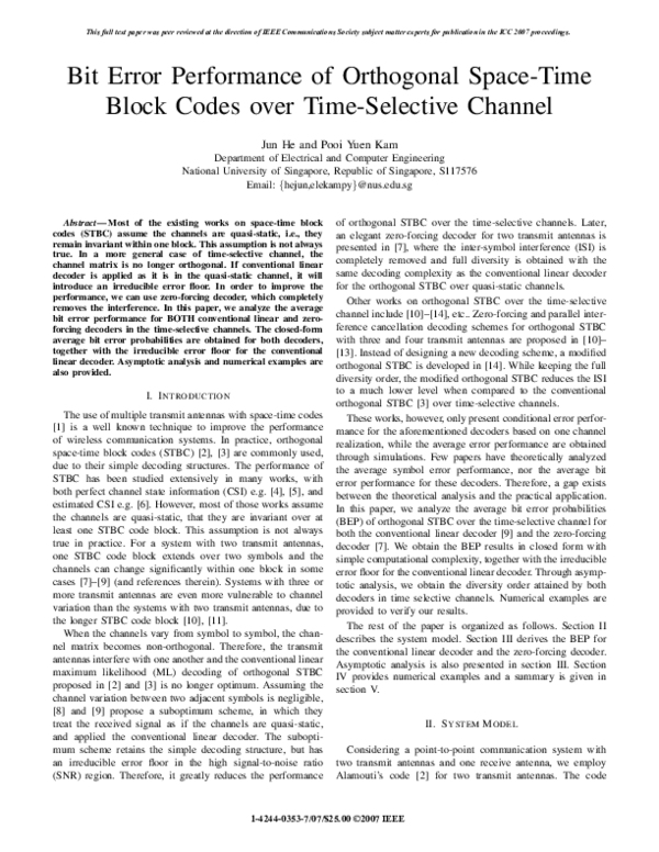 Pdf Bit Error Performance Of Orthogonal Space Time Block Codes Over