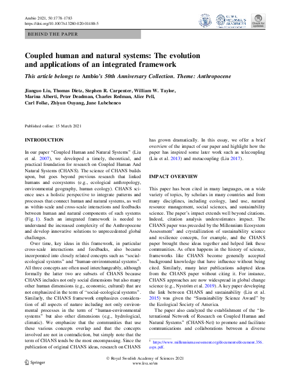 (PDF) Coupled human and natural systems: The evolution and applications ...