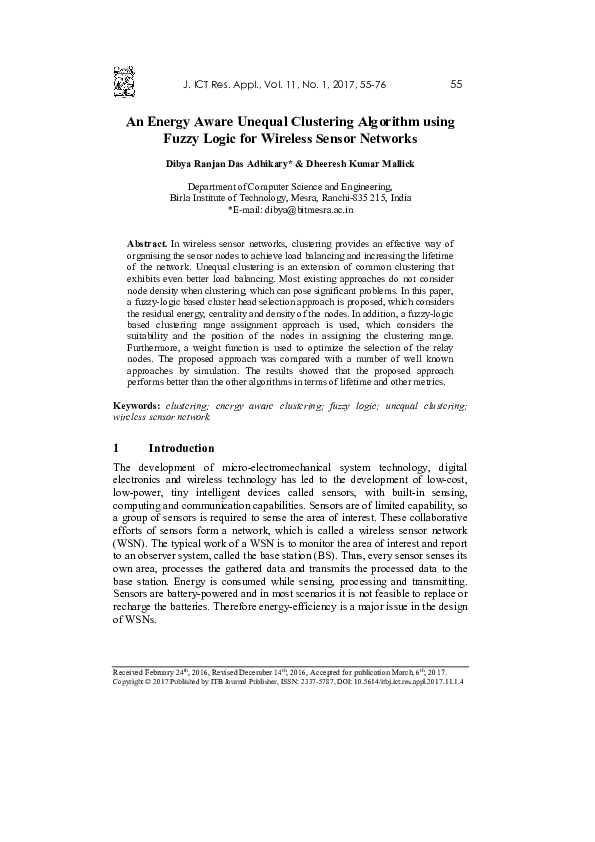 Pdf Fuzzy Logic For Energy Efficient Unequal Clustering In Wsns