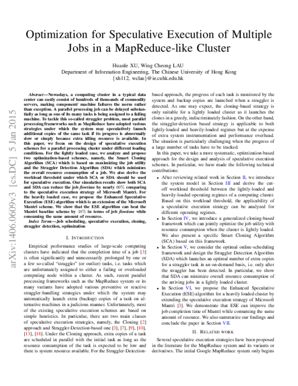 Pdf Optimization For Speculative Execution Of Multiple Jobs In A Mapreduce Like Cluster 8465