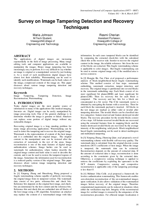 (PDF) Survey on Image Tampering Detection and Recovery Techniques