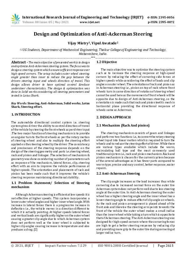 (PDF) IRJET- Design and Optimization of Anti-Ackerman Steering
