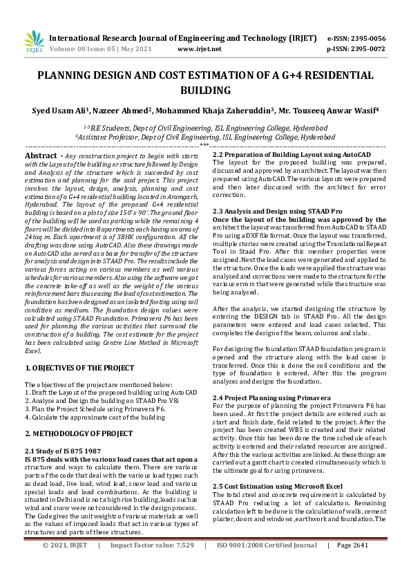 (PDF) IRJET- PLANNING DESIGN AND COST ESTIMATION OF A G+4 RESIDENTIAL ... (PDF) IRJET- PLANNING DESIGN AND COST ESTIMATION OF A G+4 RESIDENTIAL ...