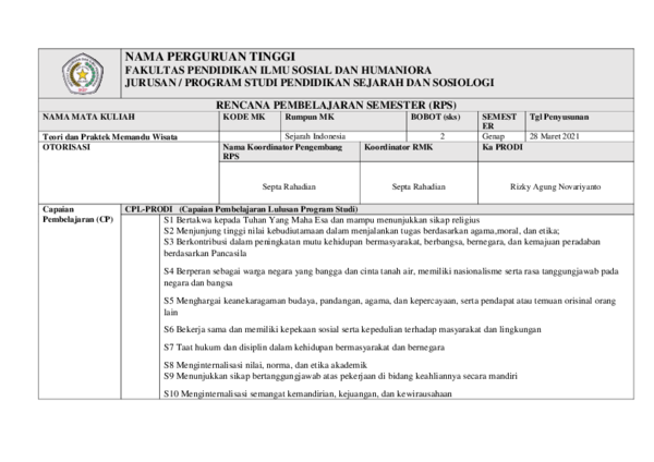 (PDF) RPS Teori dan Praktek Memandu Wisata