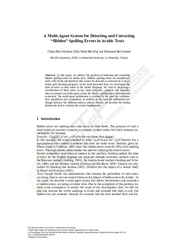 (PDF) A Multi-Agent System for Detecting and Correcting “Hidden” Spelling Errors in Arabic Texts