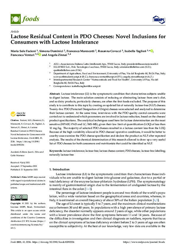 (PDF) Lactose Residual Content in PDO Cheeses: Novel Inclusions for ...