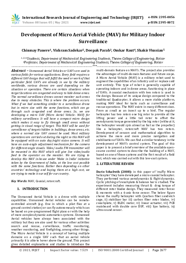 (PDF) IRJET- Development of Micro Aerial Vehicle (MAV) for Military ...