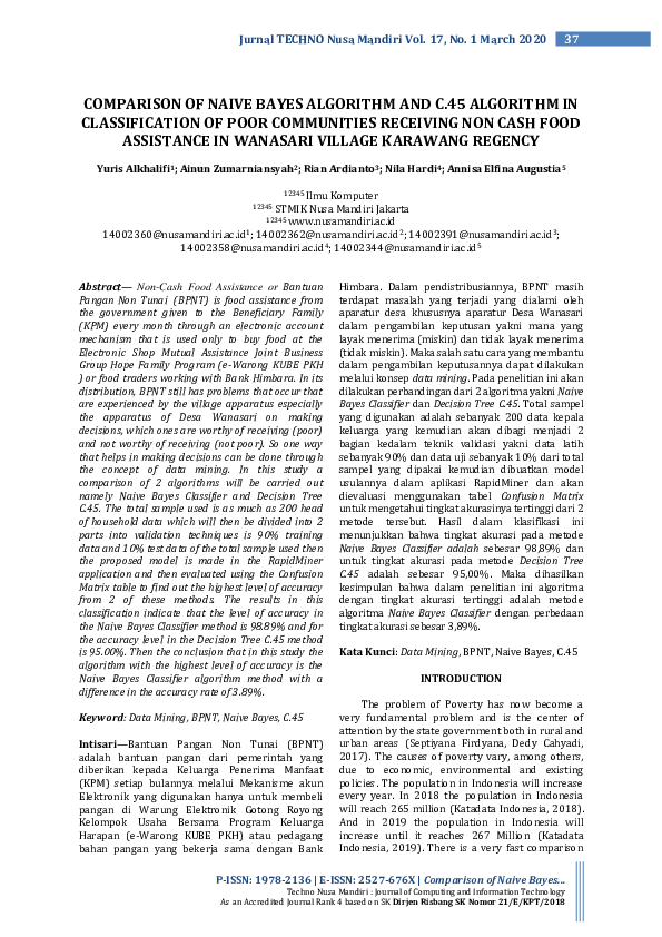 Pdf Comparison Of Naive Bayes Algorithm And C45 Algorithm In Classification Of Poor 1384
