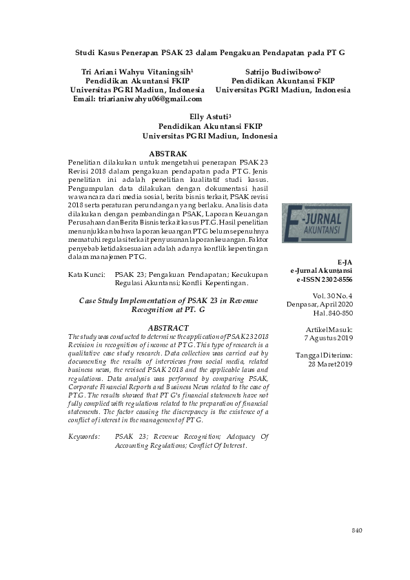 (PDF) Studi Kasus Penerapan PSAK 23 dalam Pengakuan Pendapatan pada PT G | Elly Astuti ...