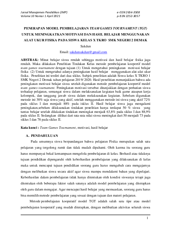 (PDF) Penerapan Model Pembelajaran Team Games Tournament (TGT) Untuk Meningkatkan Motivasi Dan ...