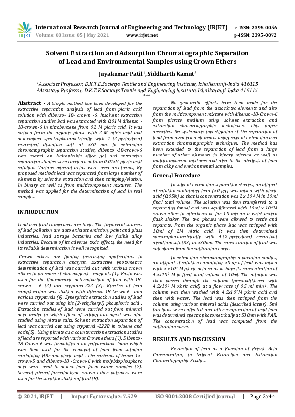 Pdf Irjet Solvent Extraction And Adsorption Chromatographic Separation Of Lead And