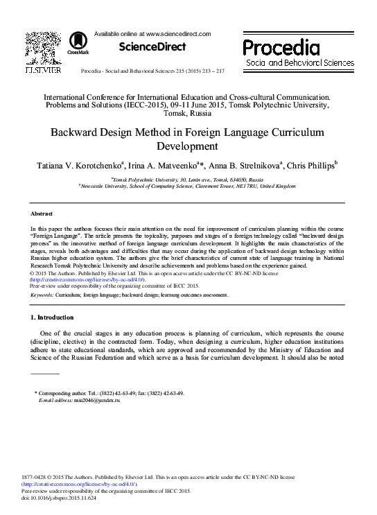 PDF Backward Design Method In Foreign Language Curriculum Development PDF Backward Design Method In Foreign Language Curriculum Development