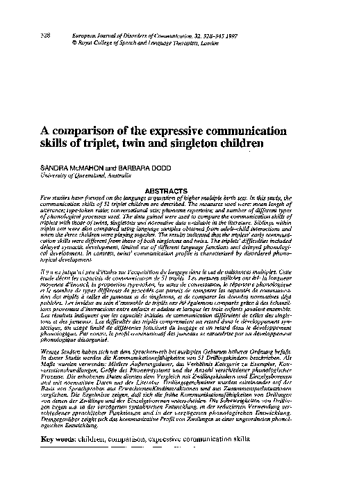 (PDF) A comparison of the expressive communication skills of triplet, twin and singleton children