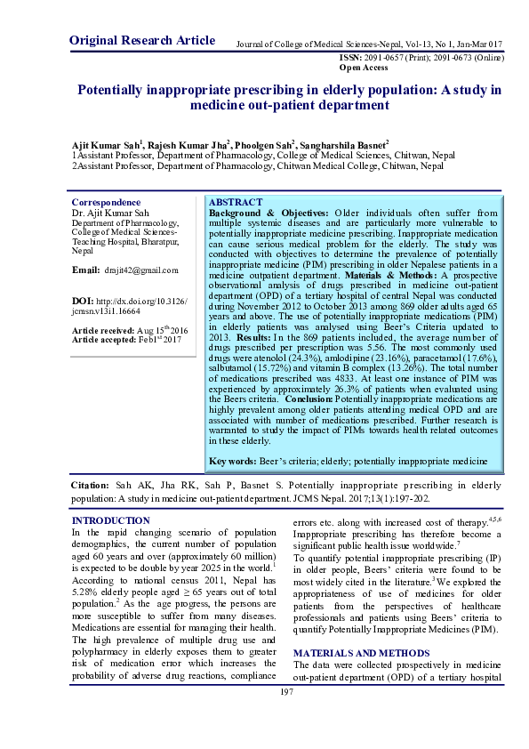 (PDF) Potentially inappropriate prescribing in elderly population: A study in medicine out ...