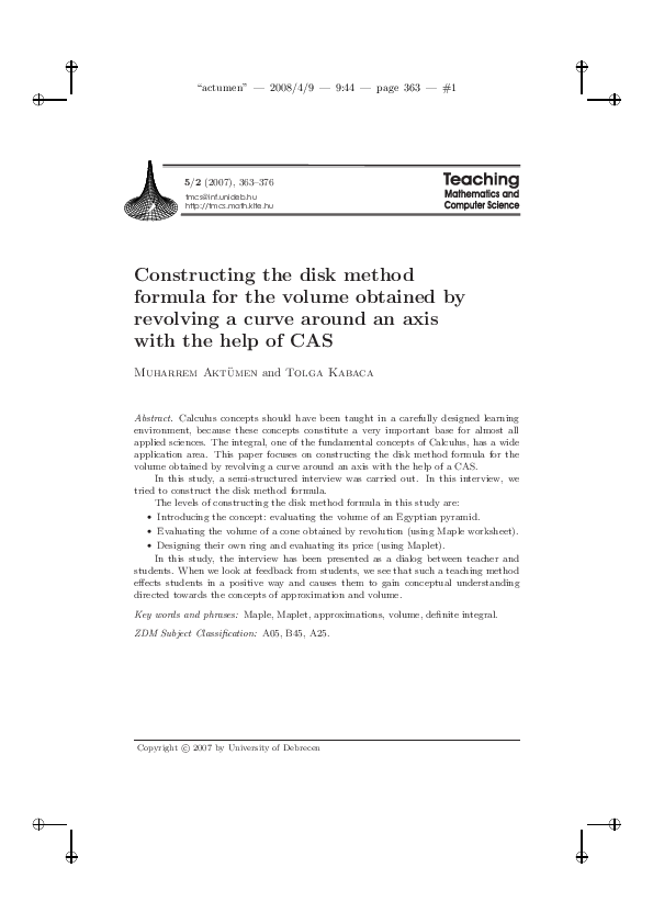 (PDF) Constructing the disk method formula for the volume obtained by ...