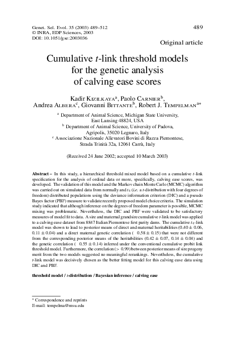 (PDF) Cumulative t-link threshold models for the genetic analysis of ...