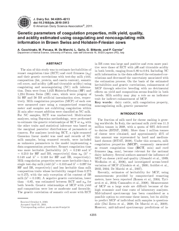 (PDF) Genetic parameters of coagulation properties, milk yield, quality ...