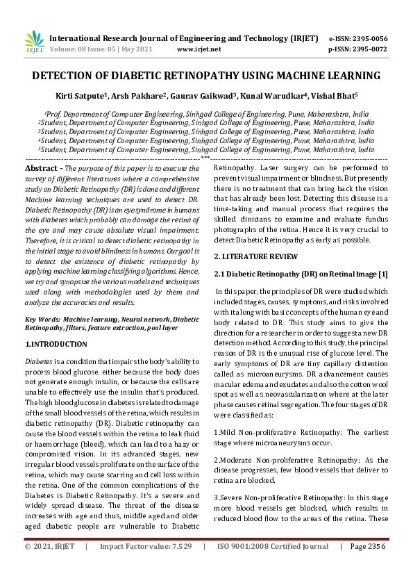 (PDF) DETECTION OF DIABETIC RETINOPATHY USING MACHINE LEARNING
