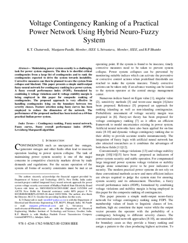 (PDF) Voltage Contingency Ranking of a Practical Power Network Using Hybrid Neuro-Fuzzy System