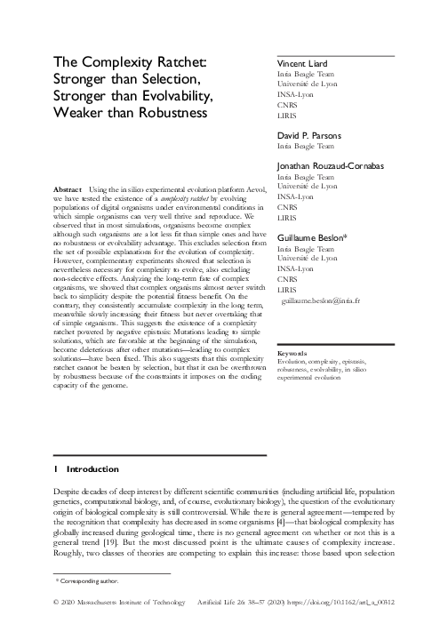 (PDF) The Complexity Ratchet: Stronger than Selection, Stronger than Evolvability, Weaker than ...