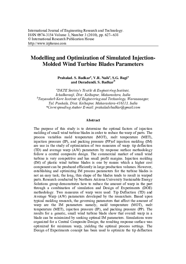 Pdf Modelling And Optimization Of Simulated Injection Molded Wind