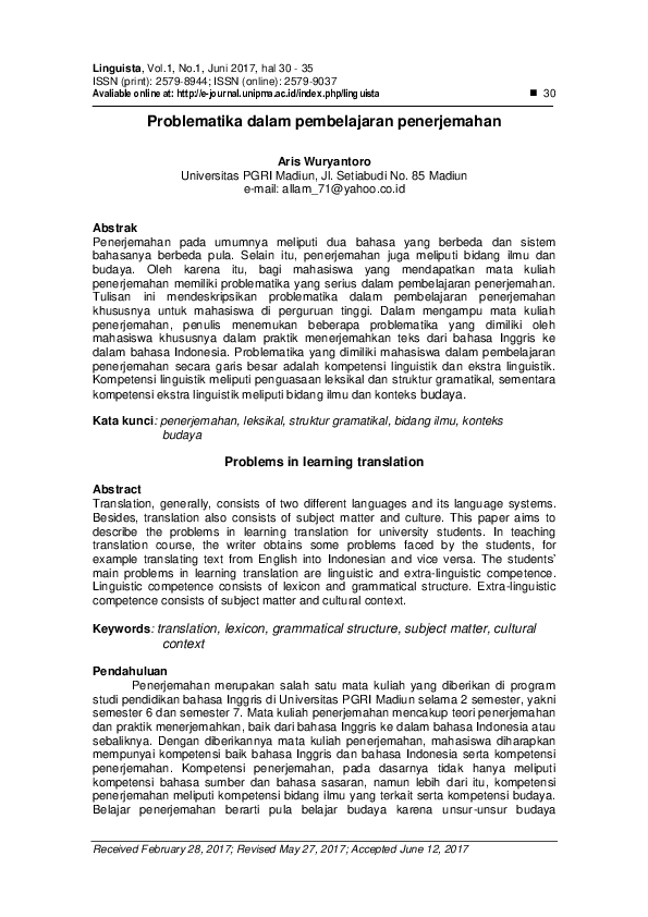 (PDF) Problematika dalam pembelajaran penerjemahan