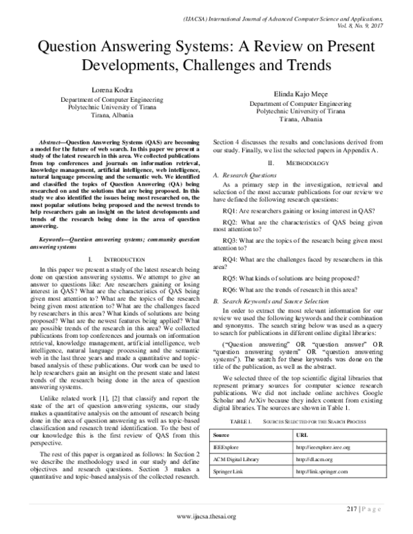 (PDF) Question Answering Systems: A Review on Present Developments ...