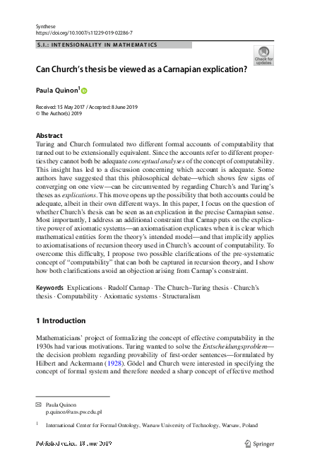 (PDF) Can Church’s thesis be viewed as a Carnapian explication? | Paula ...