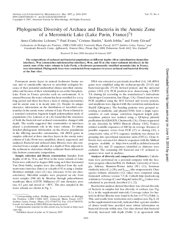 (PDF) Phylogenetic Diversity of Archaea and Bacteria in the Anoxic Zone of a Meromictic Lake ...
