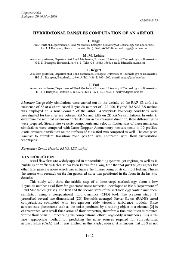Pdf Hybrid Zonal Rans Les Computation Of An Airfoil