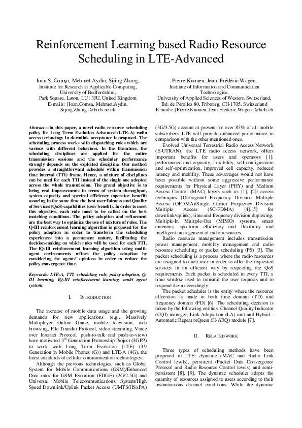 (PDF) Reinforcement learning based radio resource scheduling in LTE-advanced