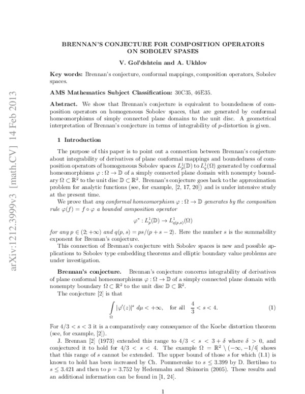 (PDF) Brennan's conjecture for composition operators on Sobolev spaces