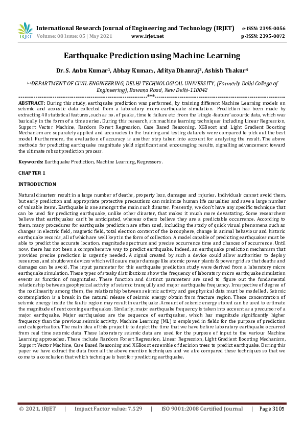 (PDF) IRJET- Earthquake Prediction using Machine Learning