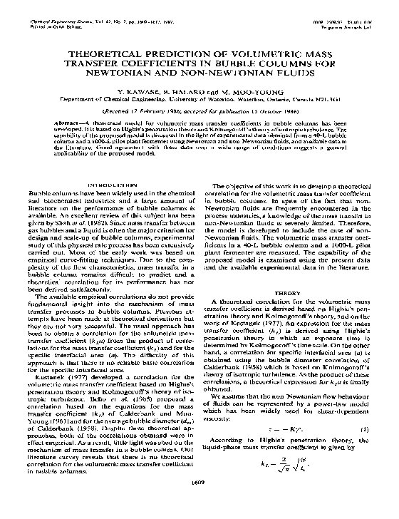 (PDF) Theoretical prediction of volumetric mass transfer coefficients in bubble columns for ...