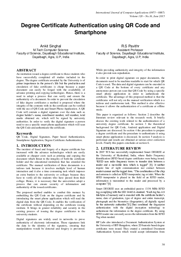(PDF) Degree Certificate Authentication using QR Code and Smartphone