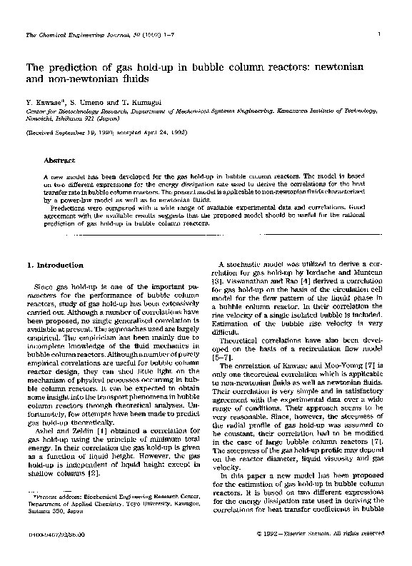Pdf The Prediction Of Gas Hold Up In Bubble Column Reactors Newtonian And Non Newtonian Fluids