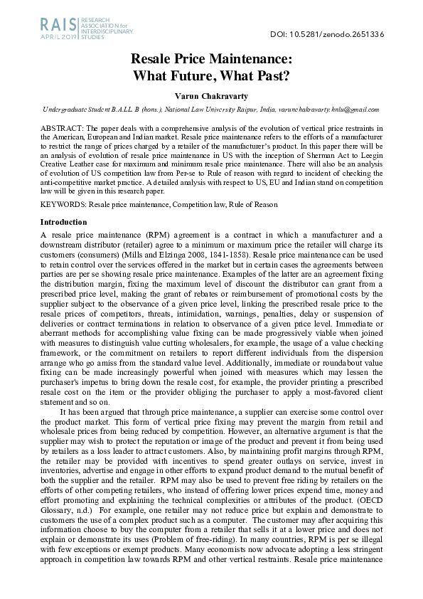 (PDF) Resale Price Maintenance: What Future, What Past?