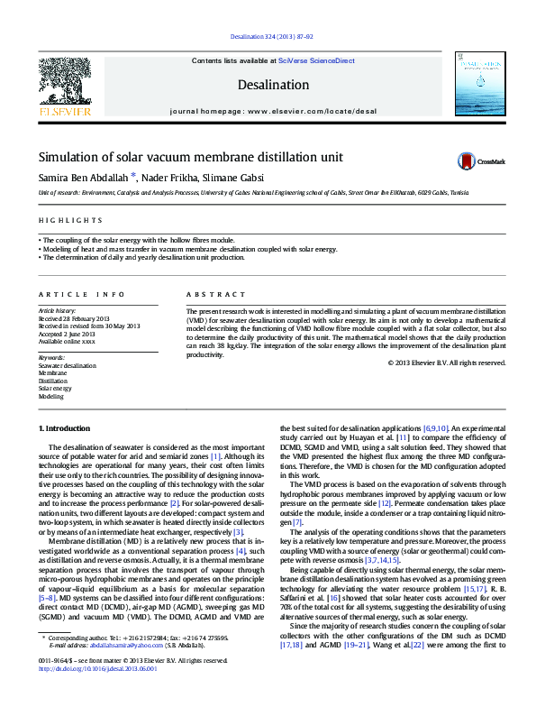 (PDF) Simulation of solar vacuum membrane distillation unit