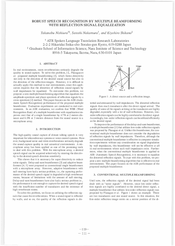 (PDF) Robust Speech Recognition by Multiple Beamforming with Reflection Signal Equalization