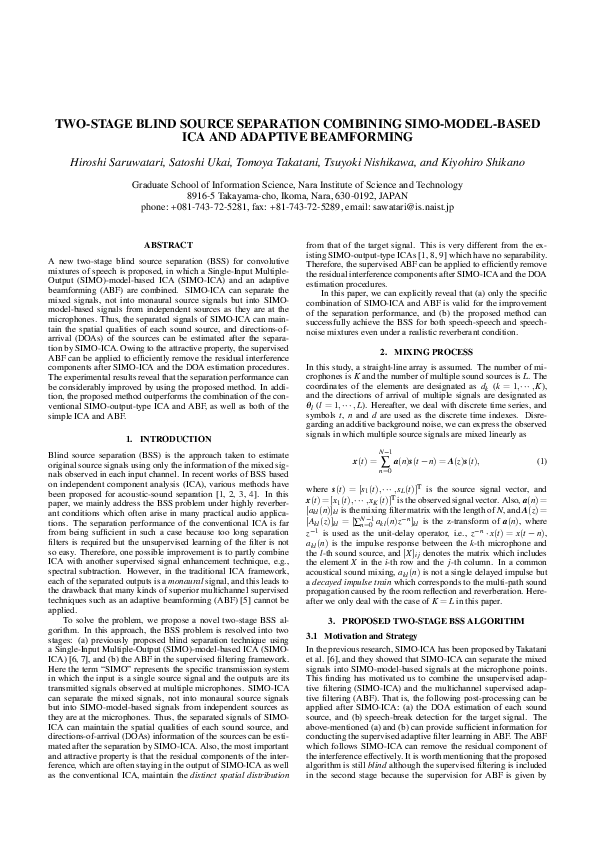 Pdf Two Stage Blind Source Separation Combining Simo Model Based Ica