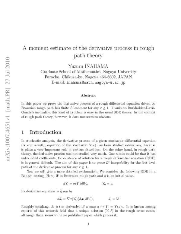 (PDF) A moment estimate of the derivative process in rough path theory