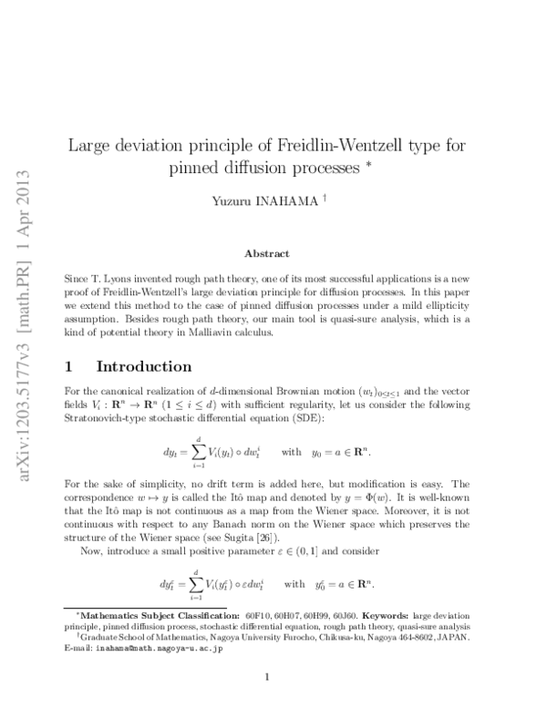 (PDF) Large deviation principle of Freidlin-Wentzell type for pinned diffusion processes