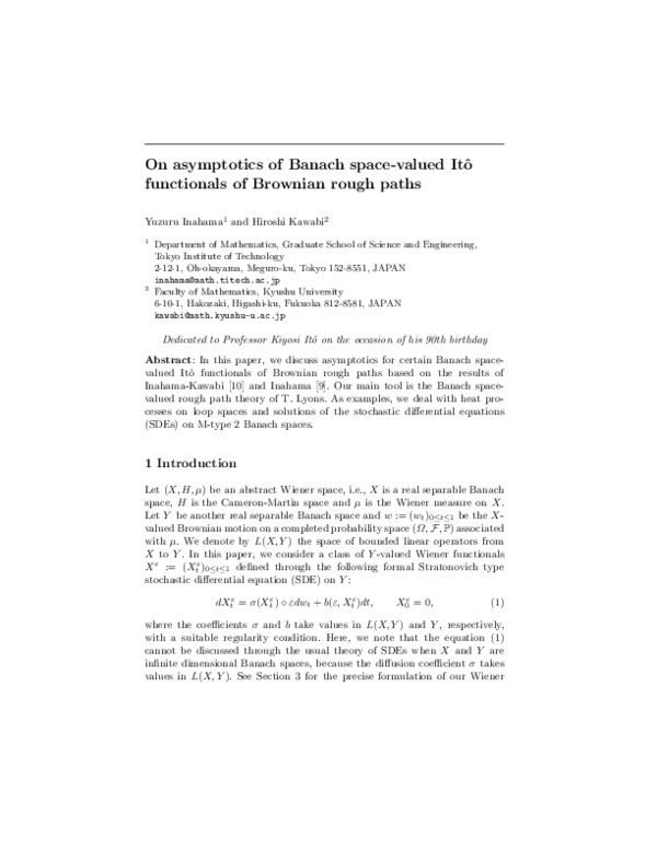 (PDF) On Asymptotics of Banach Space-valued Itô Functionals of Brownian Rough Paths