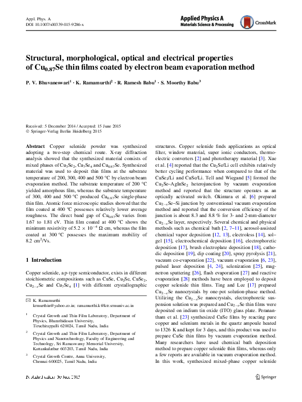 (PDF) Structural, morphological, optical and electrical properties of Cu0.87Se thin films coated ...